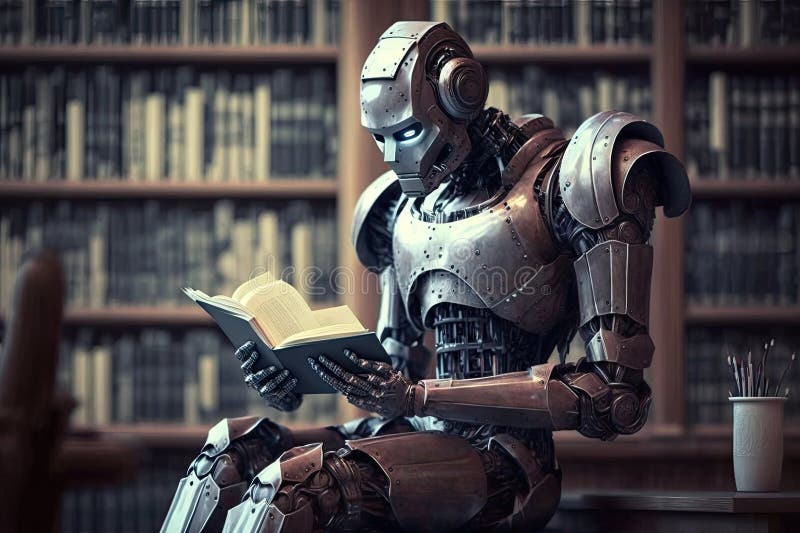 A Humanoid Robot Sitting at a Library and Reading Stock Illustration ...