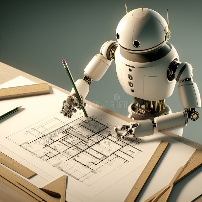 Humanoid Robot Sitting at Table and Drawing Construction Plan Stock ...