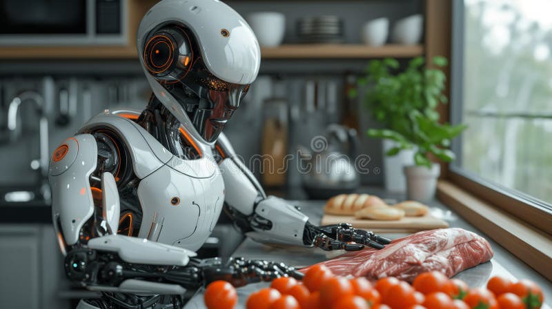 Humanoid Robot Skillfully Slices Fresh Meat in Modern Kitchen Stock ...