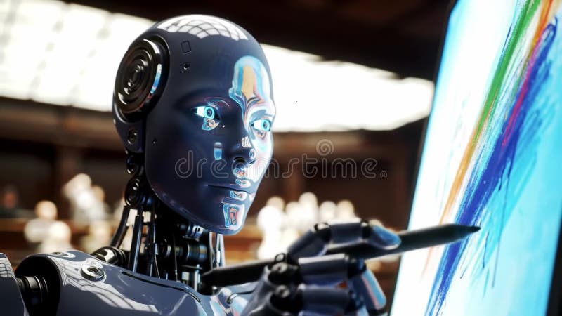 Robot Artist Creating Vibrant Painting in a Modern Art Studio Setting ...