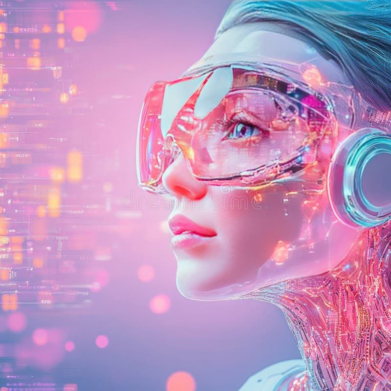 Futuristic Robot Woman Wearing Advanced Goggles with Colorful Light ...