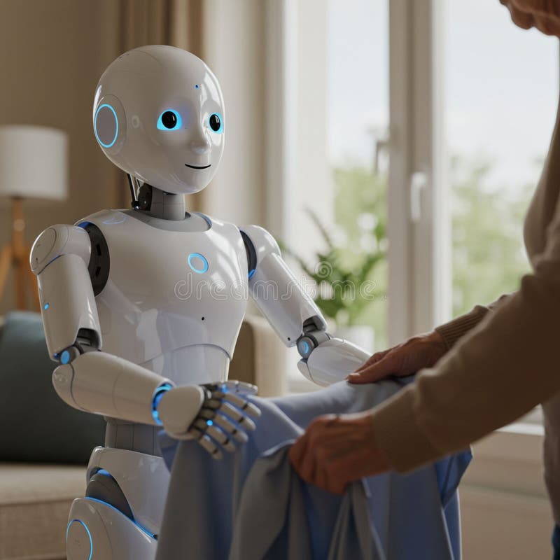 A Humanoid Robot with a Sleek Design and Glowing Blue Accents Interacts ...