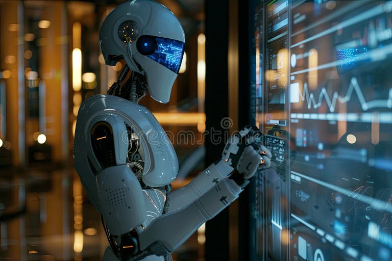 A Humanoid Robot with a Sleek Design Interacts with a Large Touchscreen Interface Displaying ...