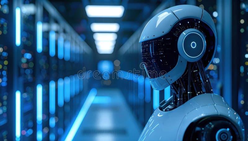 A Humanoid Robot with a Sleek Futuristic Design Stands in a Glowing ...