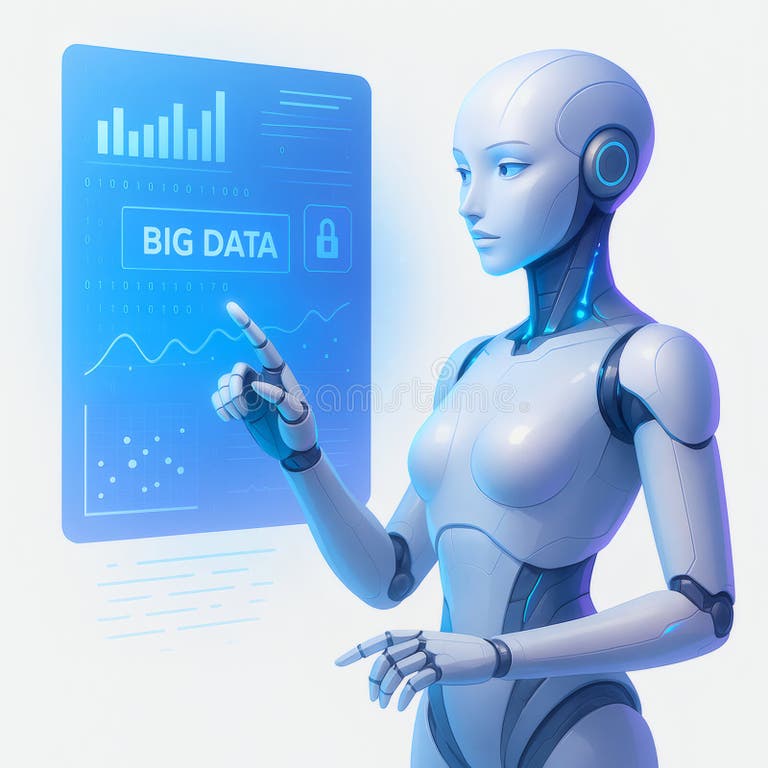 Female AI Robot Analyzing Big Data on Holographic Interface White Backgroun Stock Illustration ...