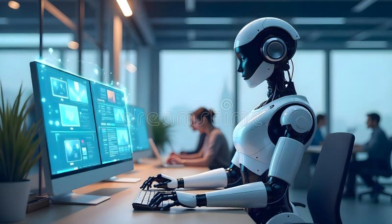 A Humanoid Robot with a Sleek White and Black Exterior Works at a ...