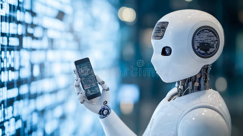 Humanoid Robot with Sleek White Design Holds Smartphone Showcasing ...