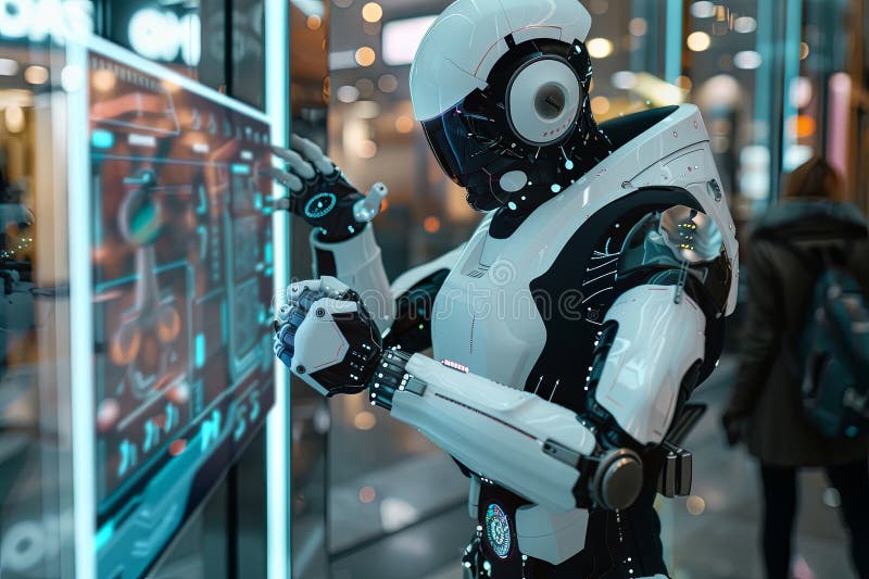 A Humanoid Robot with a Sleek, White Design Uses a Touchscreen ...