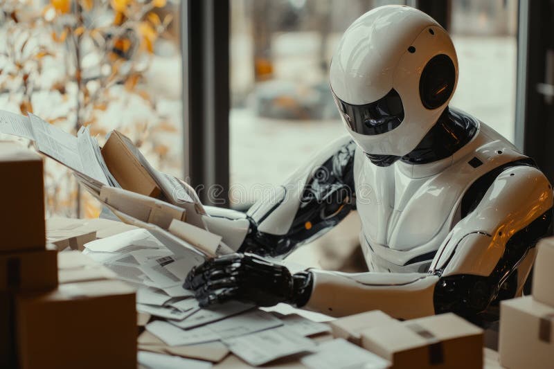 A Humanoid Robot Sorts through Paperwork at a Desk. Stock Illustration ...