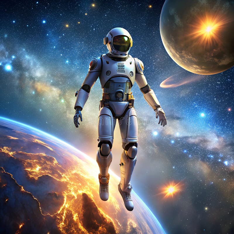 Humanoid Robot in Space Surrounded by Planets and Stars Advanced Sci-Fi ...