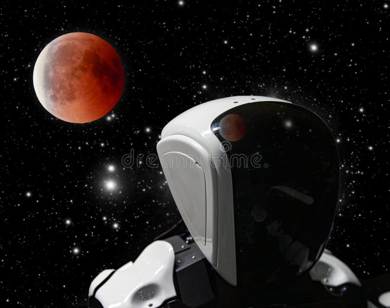 Humanoid Robot in Space with a View of the Moon Stock Image - Image of ...