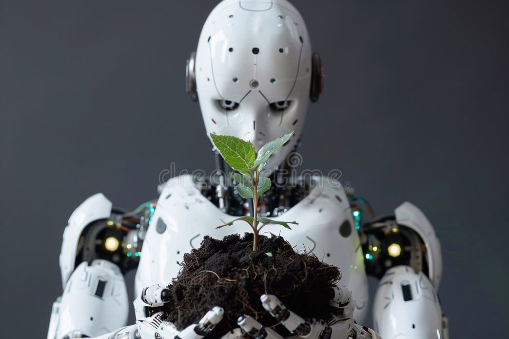 Humanoid robot with sprout stock illustration. Illustration of white ...