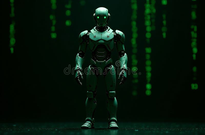 Humanoid Robot Stand on Black Background Green Matrix Number. AI ...