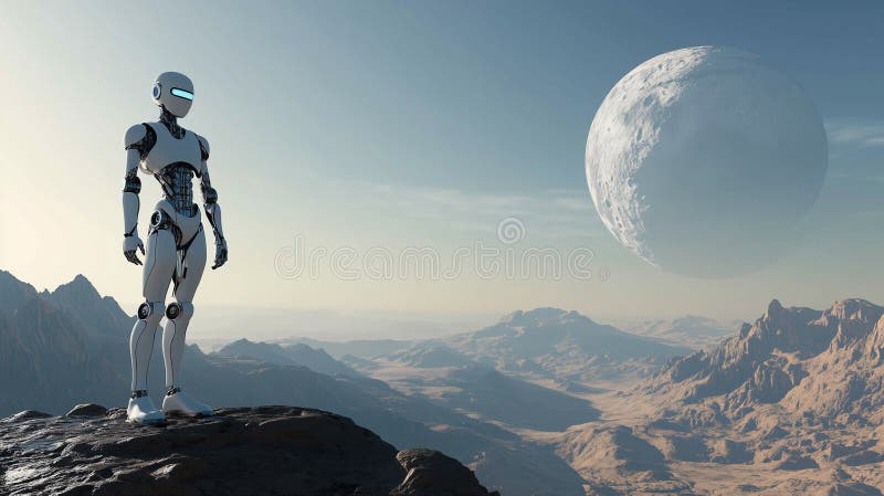 Humanoid Robot Standing Alone on a Mountainous Planet with Giant Moon ...