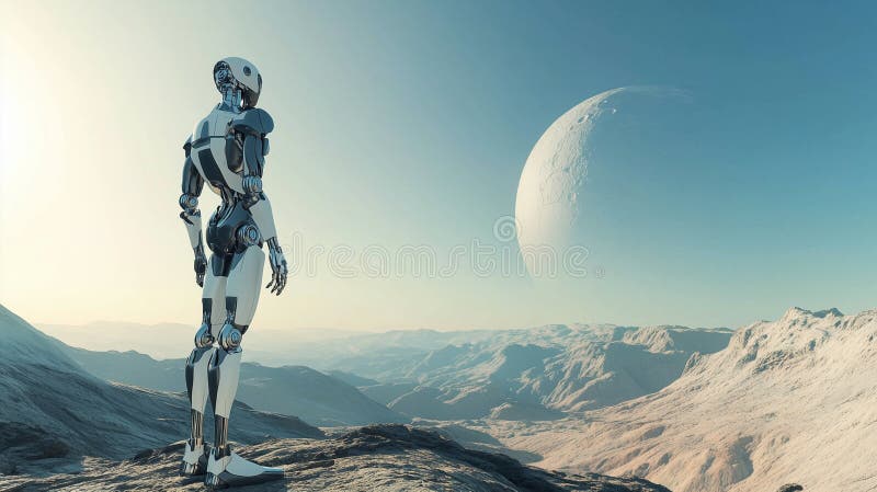 Humanoid Robot Standing Alone on a Mountainous Planet with Giant Moon ...