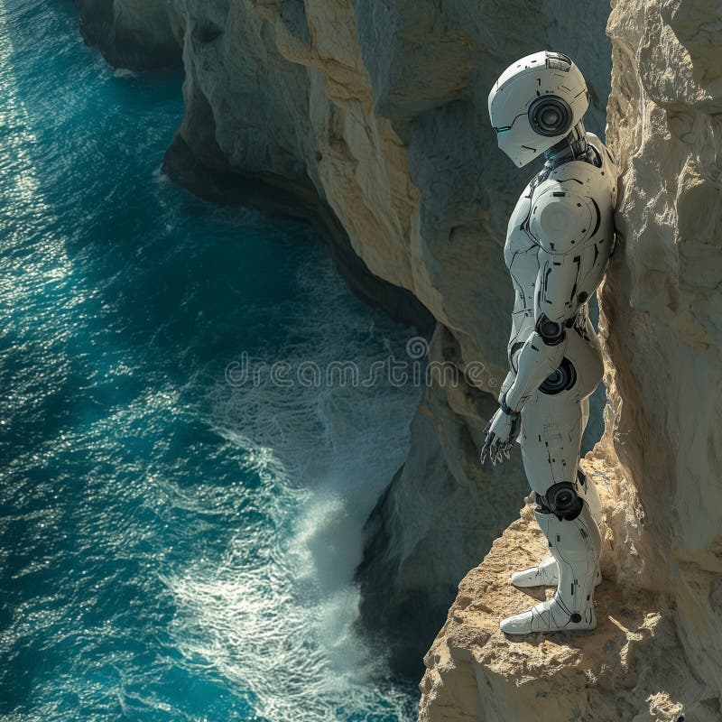 Humanoid Robot Standing on a Cliff Overlooking the Ocean, AI Generated ...