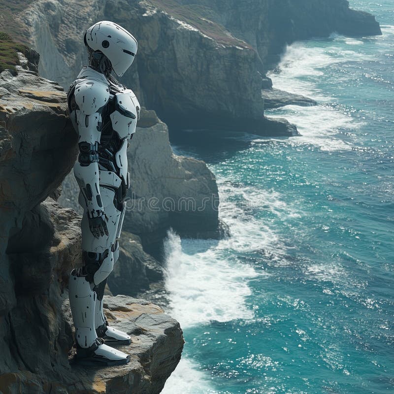 Humanoid Robot Standing on a Cliff Overlooking the Ocean, AI Generated ...