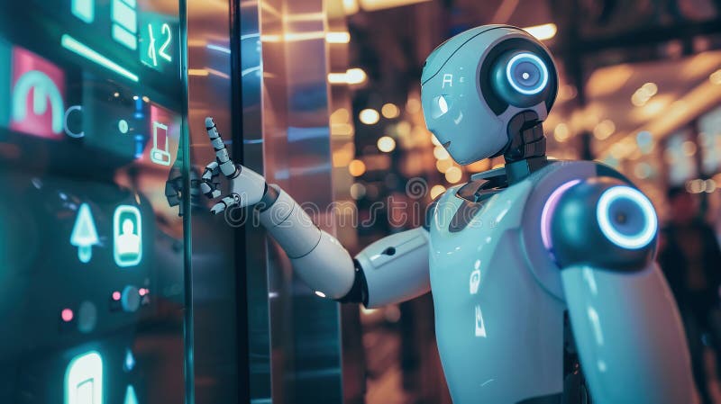Humanoid Robot Standing Inside the Elevator and Pressing a Button Stock ...