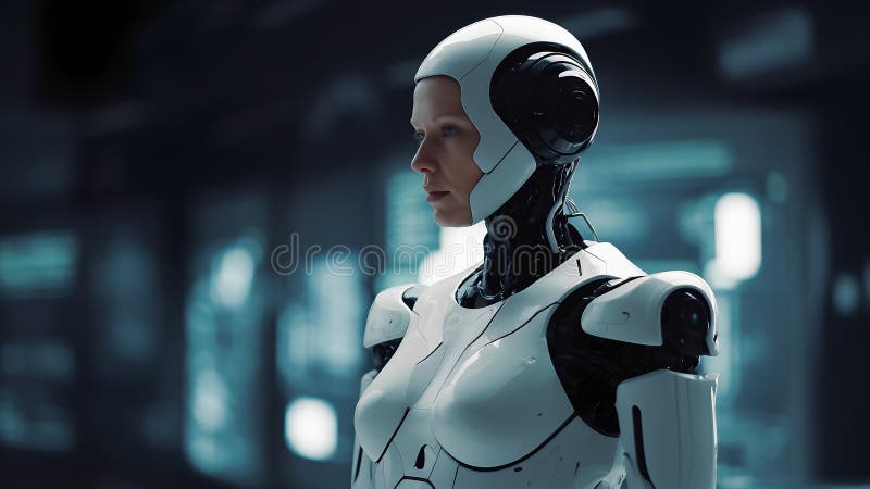 A Humanoid Robot Standing among People, Realistic Synthetic Skin, Stock ...