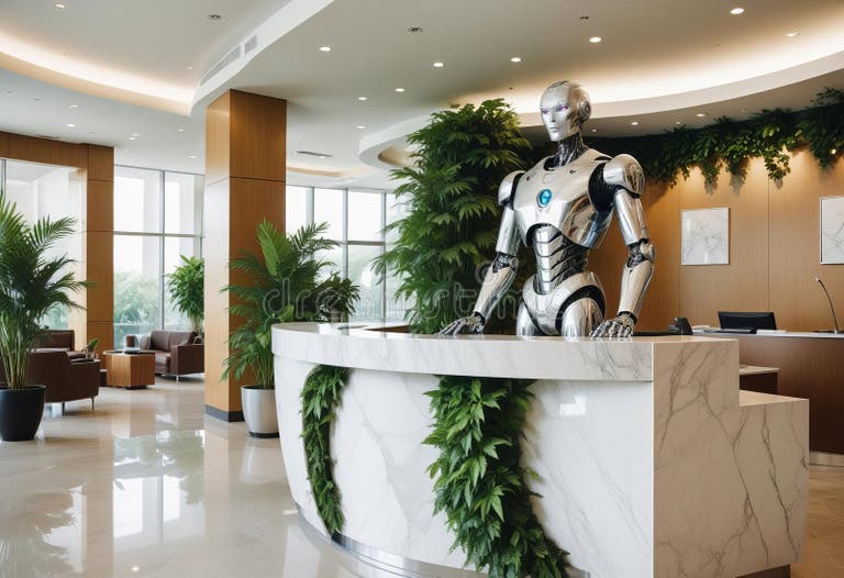 A Humanoid Robot Standing at a Reception Desk in a Modern Office Lobby ...