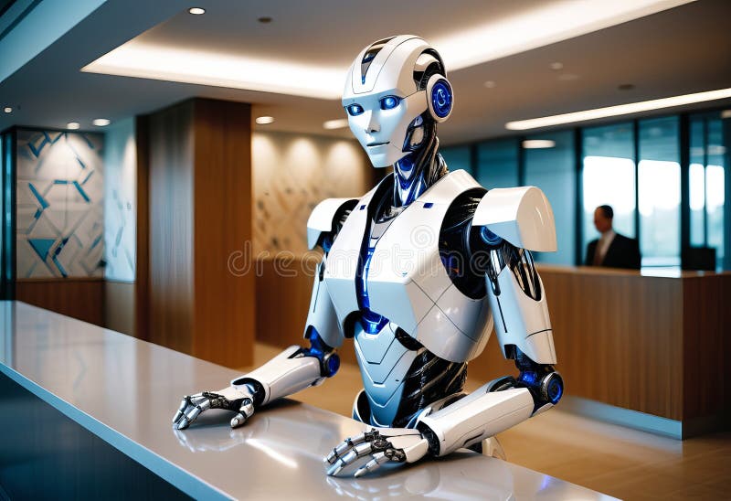 A Humanoid Robot Standing at a Reception Desk in a Modern Office Lobby ...