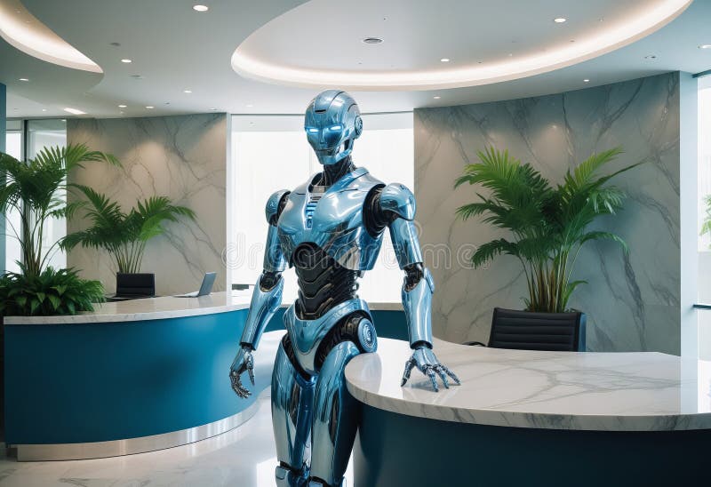 A Humanoid Robot Standing at a Reception Desk in a Modern Office Lobby ...