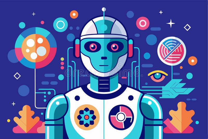 A Humanoid Robot Stands Against a Colorful Backdrop Filled with ...