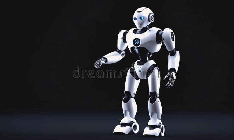 A Humanoid Robot Stands on a Black Surface with Its Left Arm Extended ...