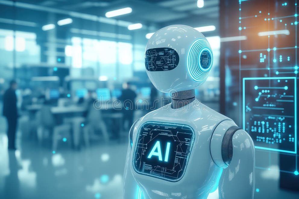 Humanoid Robot Stands on Blurred Modern Office Background, with Copy Space Stock Photo - Image ...