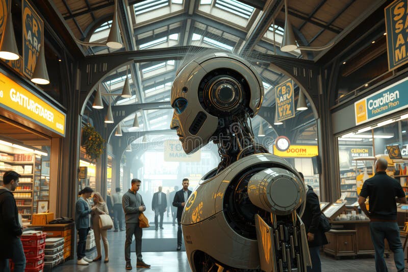 Humanoid Robot Stands in Bustling Indoor Market, Surrounded by People ...