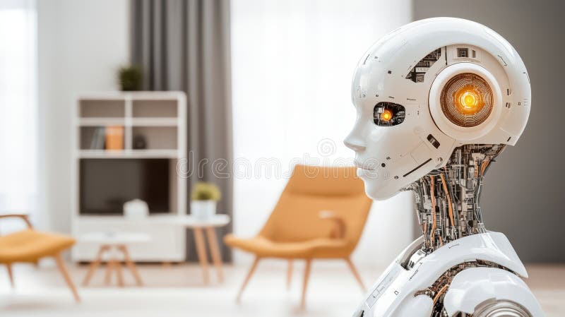 A Humanoid Robot Stands Confidently in a Modern Room Filled with Chairs ...