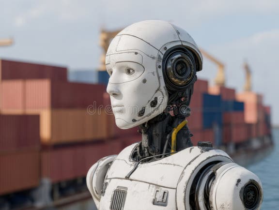 Humanoid Robot Stands in Front of a Cargo Container in a Shipping Yard ...