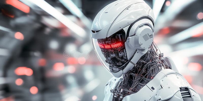 Humanoid Robot Stands in a Futuristic Laboratory with Illuminated Features and Intricate ...