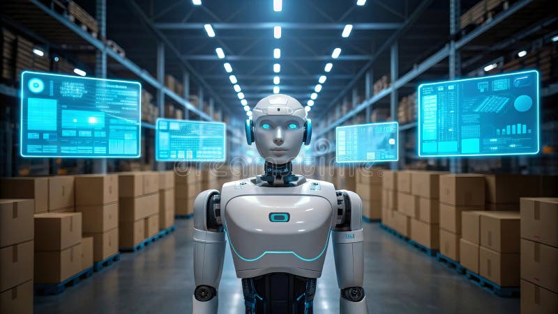 Humanoid Robot Stands in Futuristic Warehouse, Surrounded by Digital ...