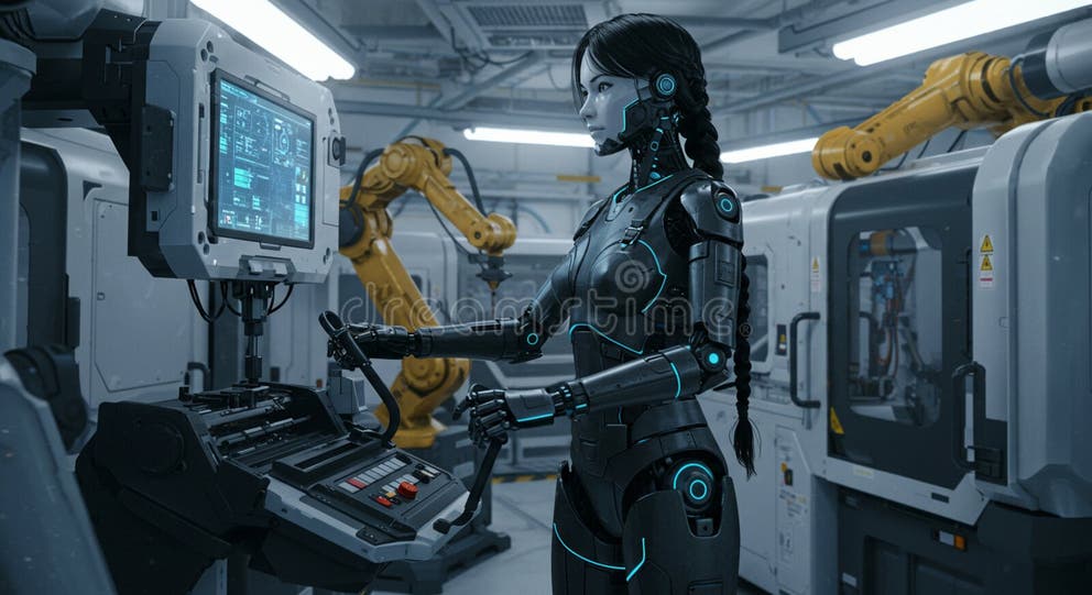 A Humanoid Robot Stands in an Industrial Setting, Operating a Control ...