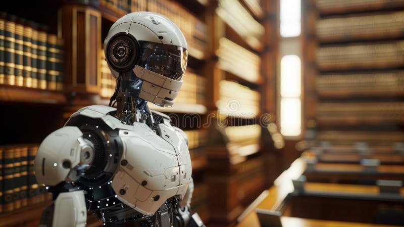 A Humanoid Robot Stands in a Library Filled with Books, Showcasing ...