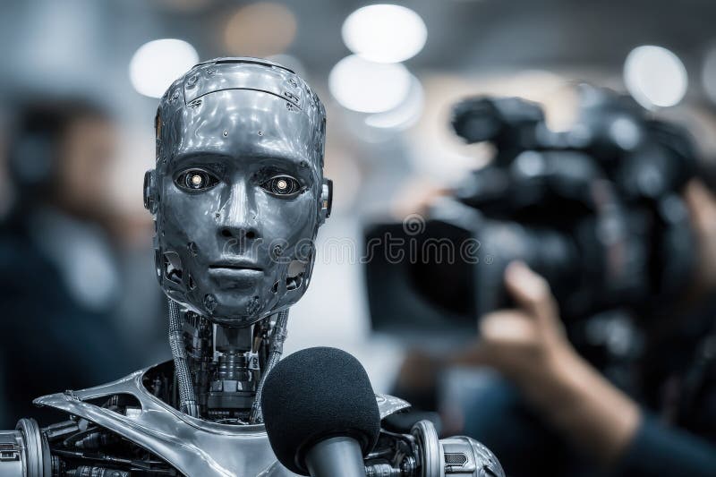 Robotic Figure Engaged in a Press Conference Setting with Cameras ...