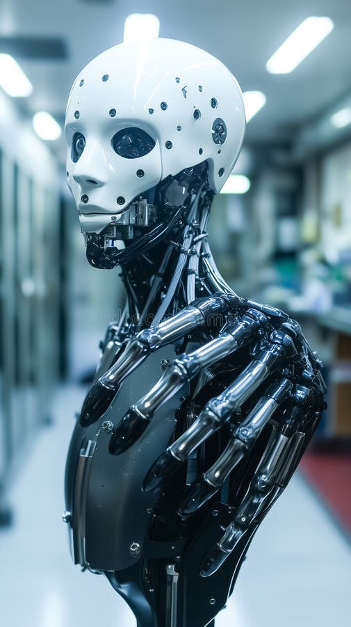 Humanoid Robot Stands in Modern Laboratory with Detailed Mechanical ...