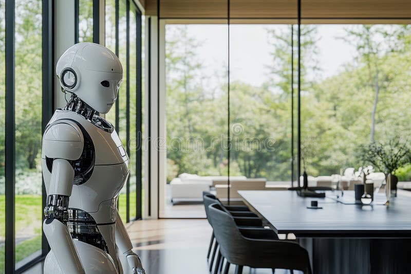A Humanoid Robot Stands in a Modern, Minimalist Interior with Large ...
