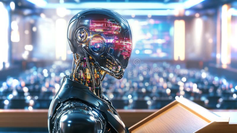 Robotic Speaker Presenting at a Technology Conference in a Futuristic ...