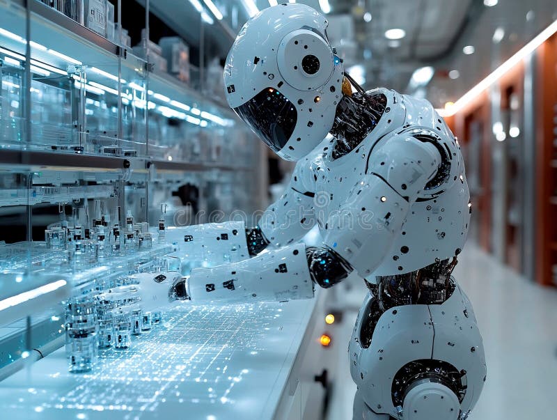 A Humanoid Robot Stands Relaxed at a Modern, Industrial Workbench it ...