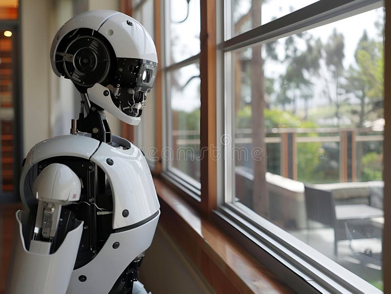 A Humanoid Robot Stands in a Room Next To a Large Beautiful Window ...