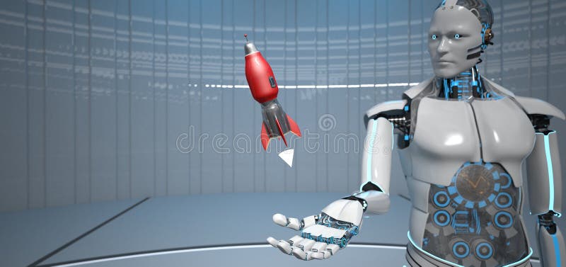 Robot Starting Rocket stock illustration. Illustration of deep - 148855288