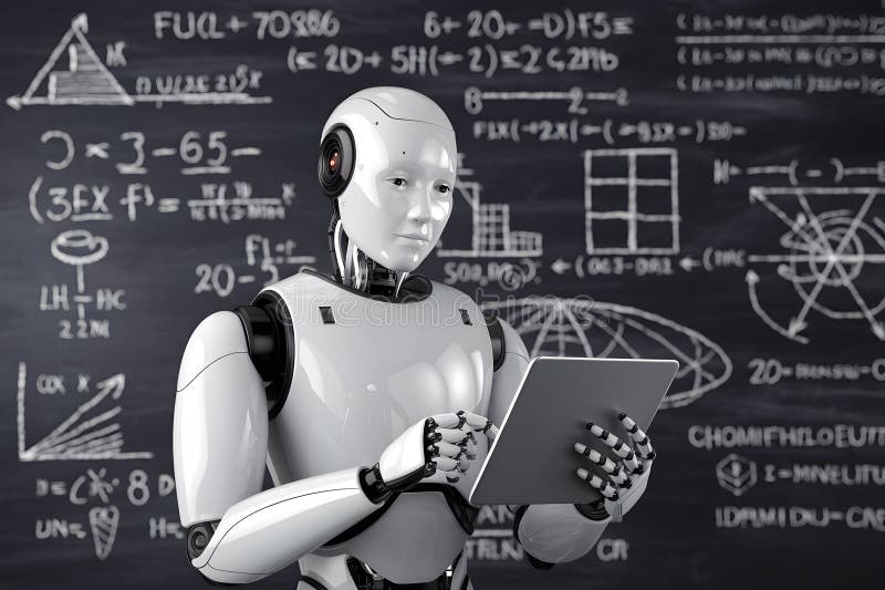 Humanoid Robot Studies Mathematical Formulas on Chalkboard, Appearing ...