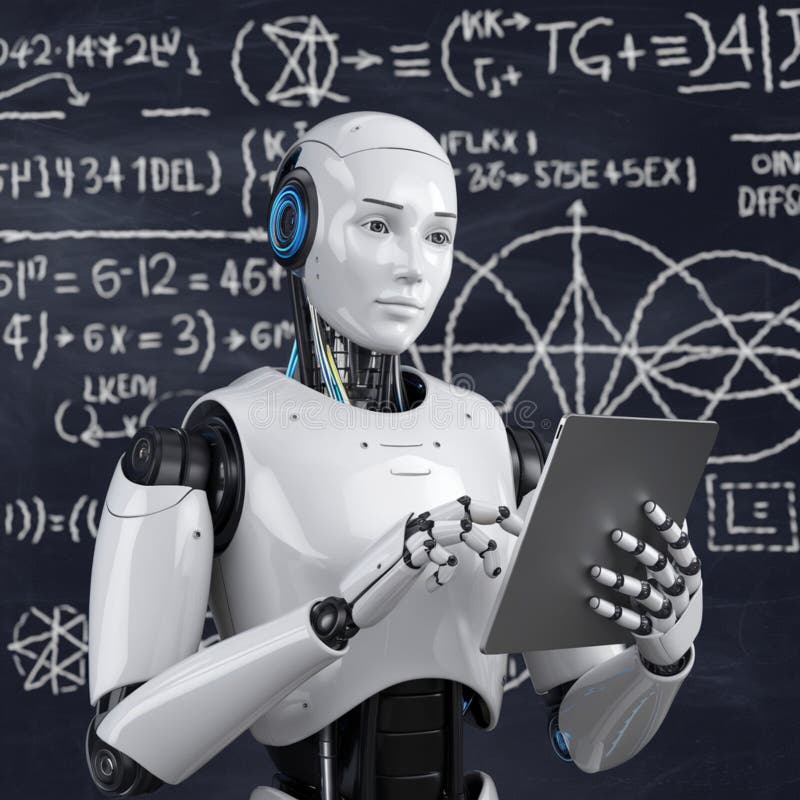 Humanoid Robot Studies Mathematical Formulas on Chalkboard, Appearing ...