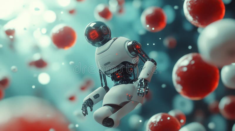 Humanoid Robot Surrounded by Red Molecules in Sci-fi Scene Stock Image ...