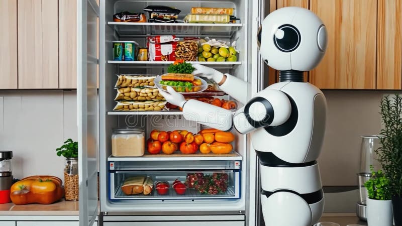 Humanoid Robot Taking Sandwich from Refrigerator in Modern Kitchen ...