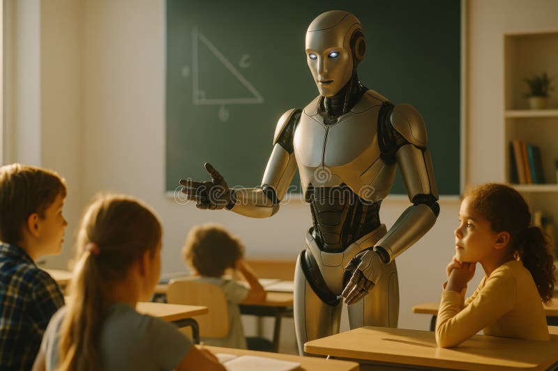 Robot Teacher in Classroom stock image. Image of education - 414218769