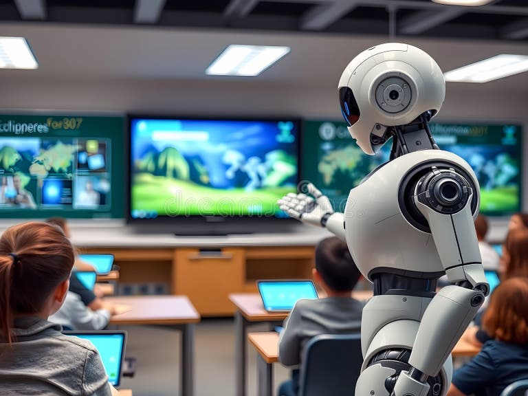 A Humanoid Robot is Teaching in a Classroom Stock Illustration ...