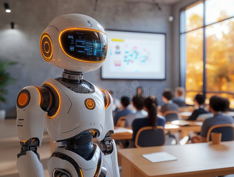 Humanoid Robot Teaching Students in Modern Classroom Stock Illustration ...